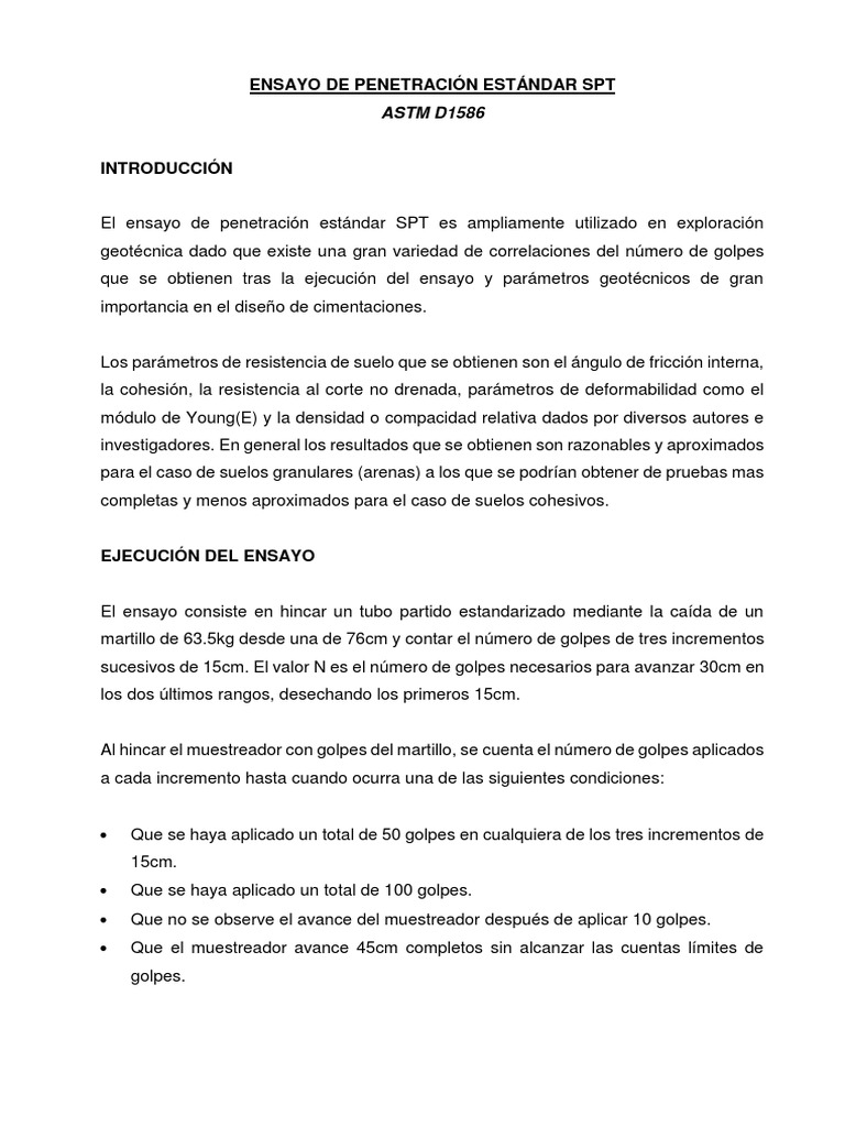 Ensayo de Penetración Estándar SPT: ASTM D1586 | PDF | Ciencia del ...