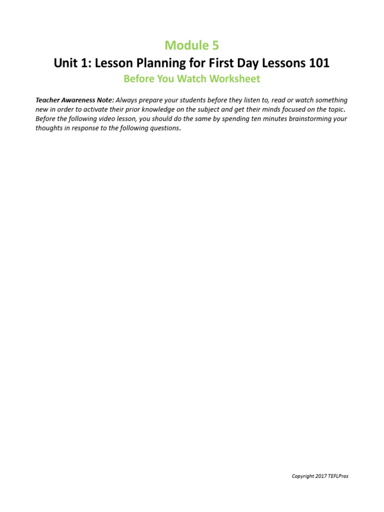 Unit 1: Lesson Planning For First Day Lessons 101: Before You Watch ...
