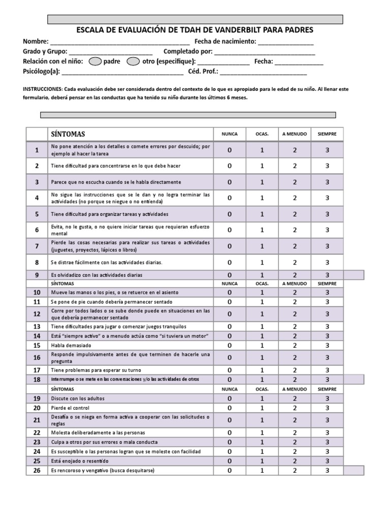 Escala Vanderbilt Para Padres | Desorden hiperactivo y deficit de ...