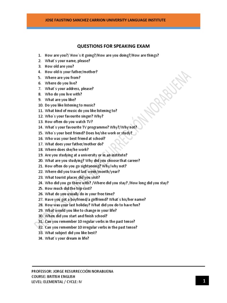 Questions For Speaking Exam | PDF