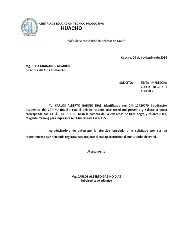 Solicitud 006 2016 Cetpro Huacho Tinta | PDF