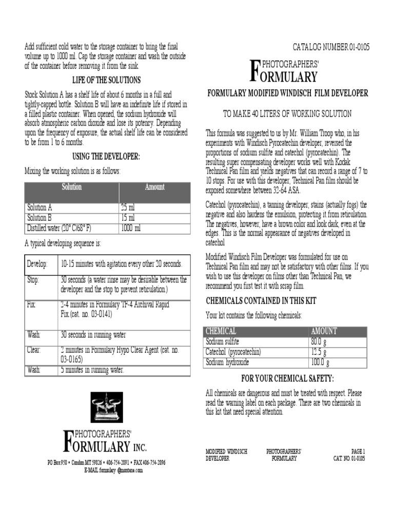 01-0105 Pyrocatechol Developer Formula | PDF | Sodium Hydroxide | Sodium