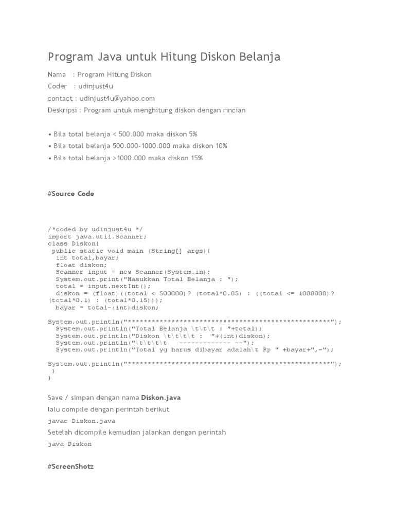 Program Java Untuk Hitung Diskon Belanja | PDF