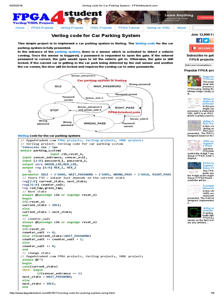Verilog Code For Car Parking System - FPGA4student | Download Free PDF | Field Programmable Gate ...