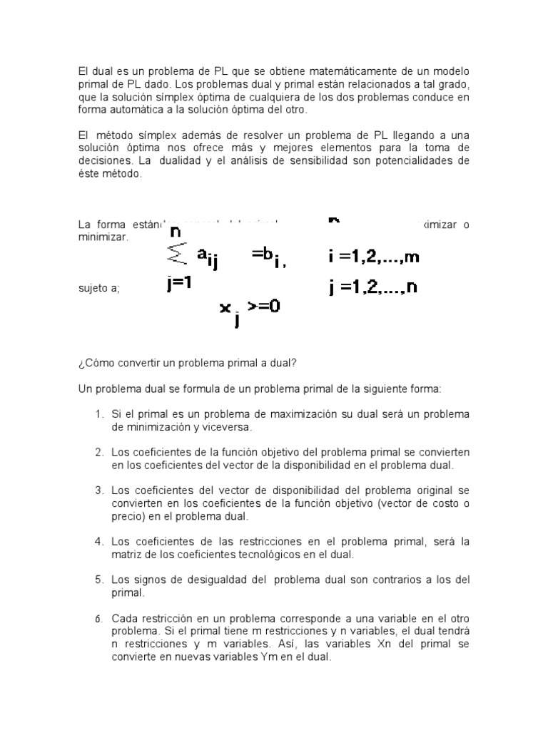 El Dual Es Un Problema de PL Que Se Obtiene Matemáticamente de Un ...