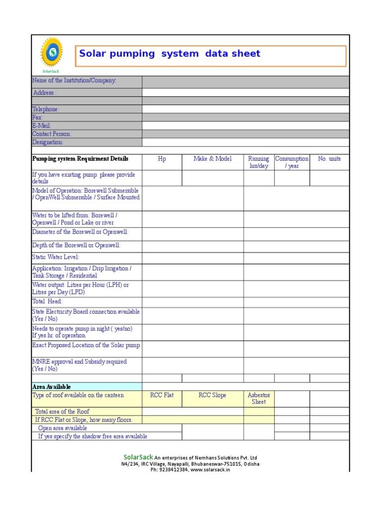 Solar pumping system data sheet | Irrigation | Water