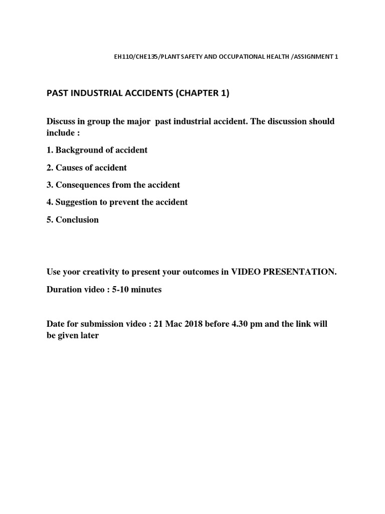 Past Industrial Accidents (Chapter 1) : Eh110/Che135/Plant Safety and ...