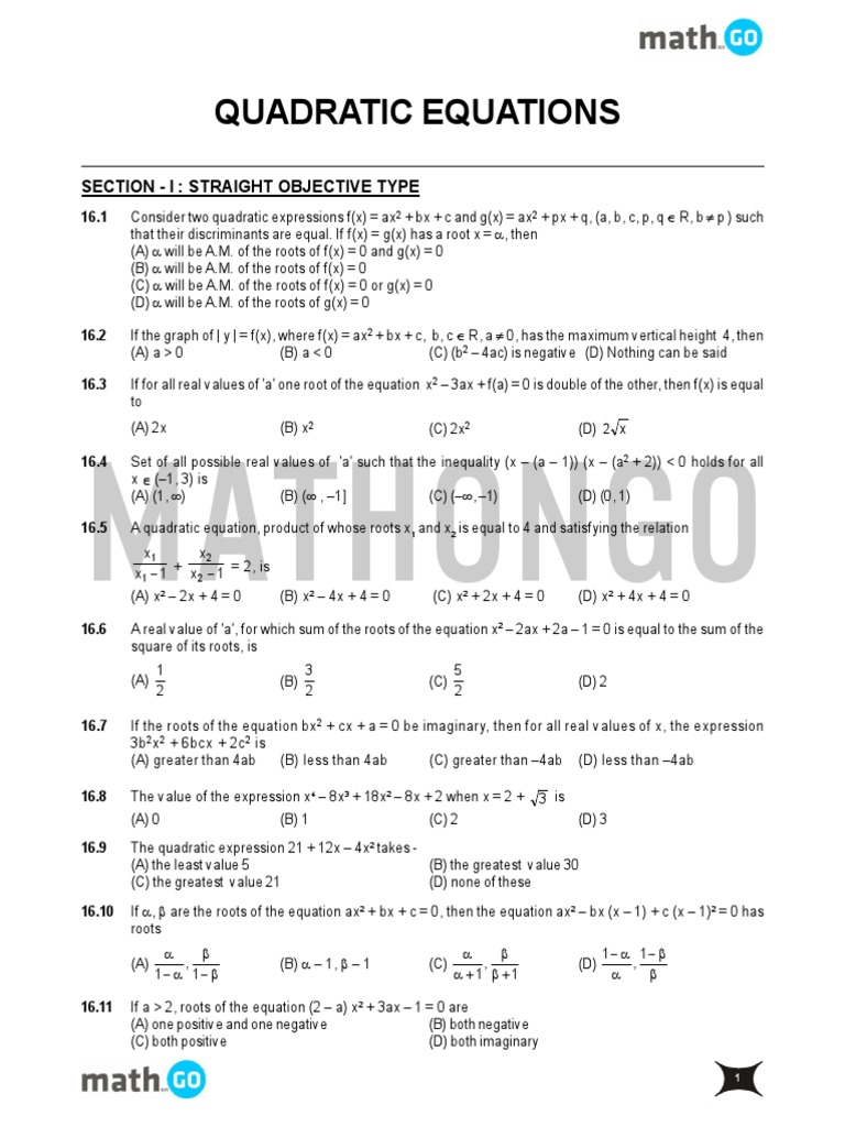 Quadratic Equation - Questions | PDF | Quadratic Equation | Zero Of A ...