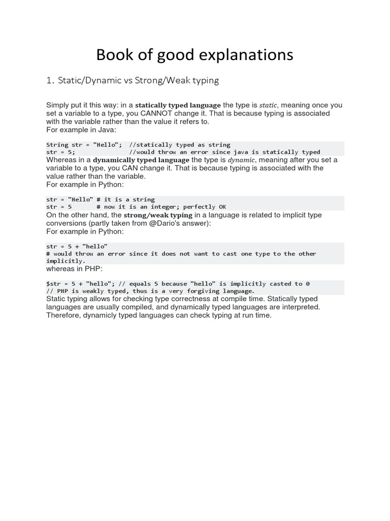 Book of Good Explanations: 1. Static/Dynamic Vs Strong/Weak Typing ...