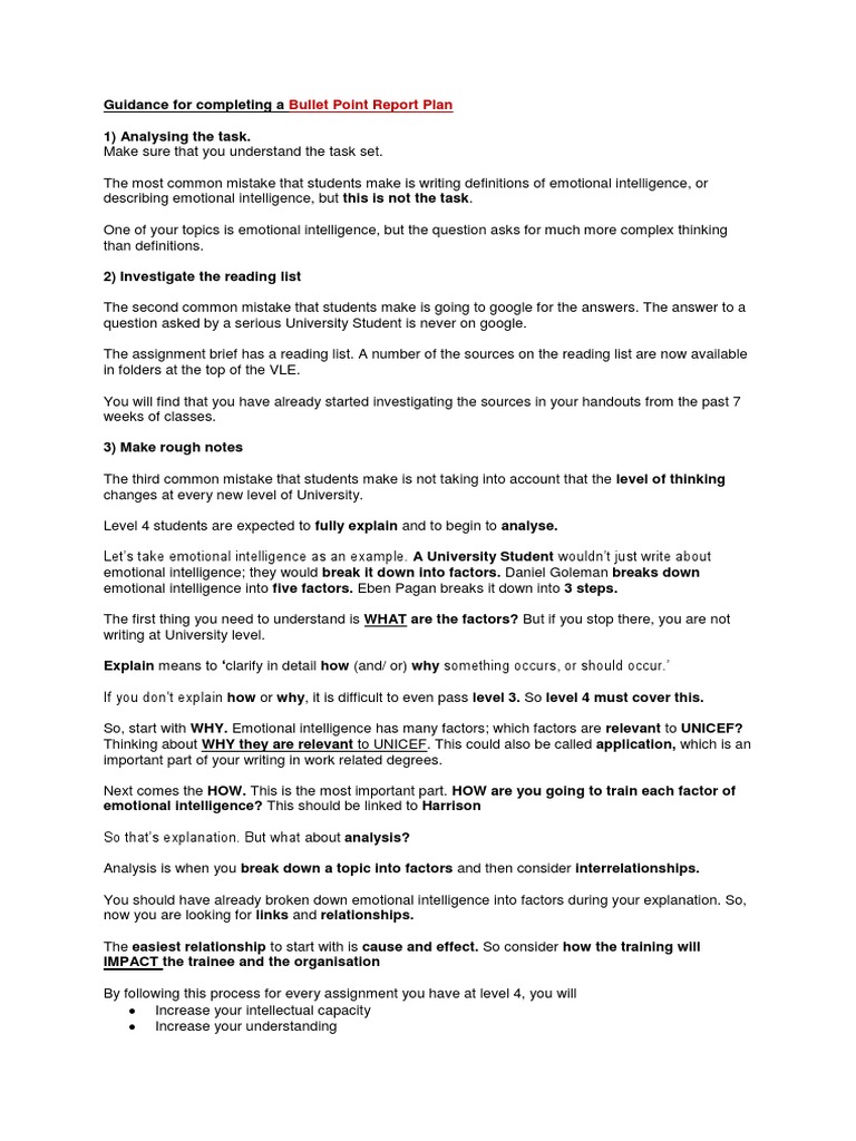 Bullet Point Report Plan Guidance | PDF | Question | Emotional Intelligence