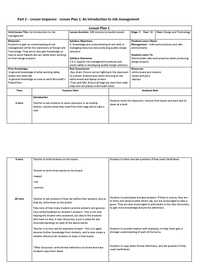 Part 2 - Lesson Sequence - Lesson Plan 1: An Introduction To Risk ...
