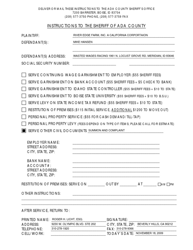 Instructions To Sheriff | PDF | Garnishment | Taxation