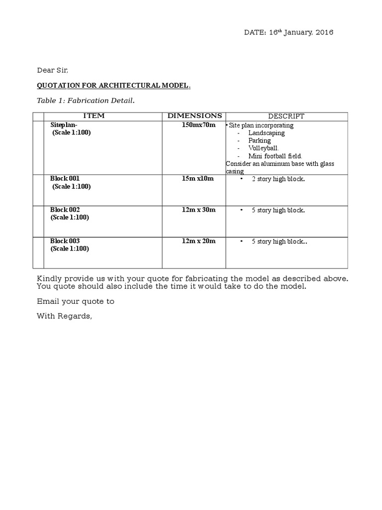 Architectural Model Quotation Request | PDF