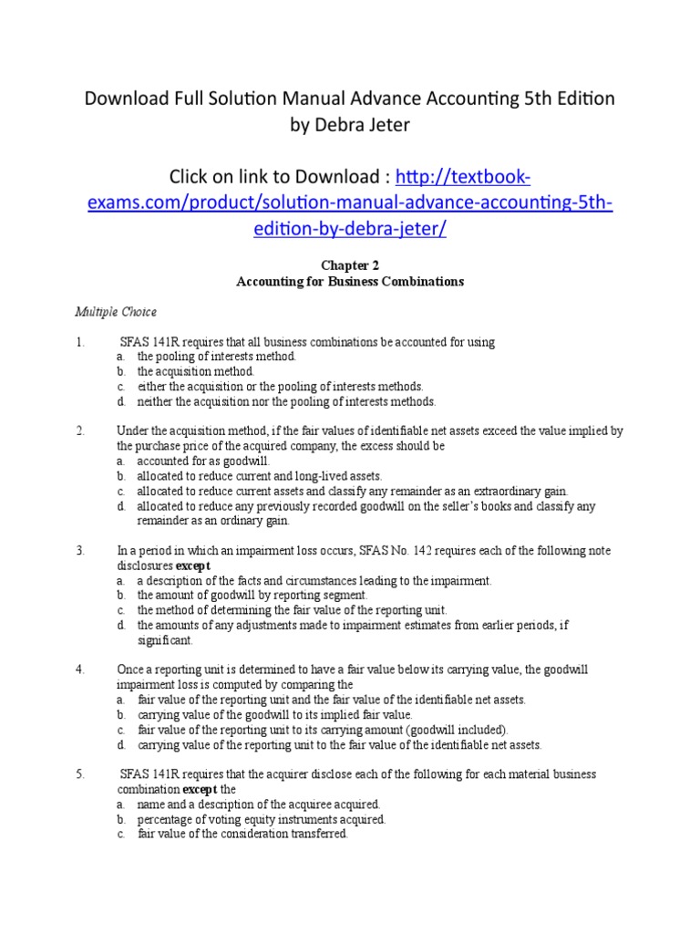 Full Solution Manual Advance Accounting 5th Edition by Debra Jeter SLW1016 | PDF | Goodwill ...