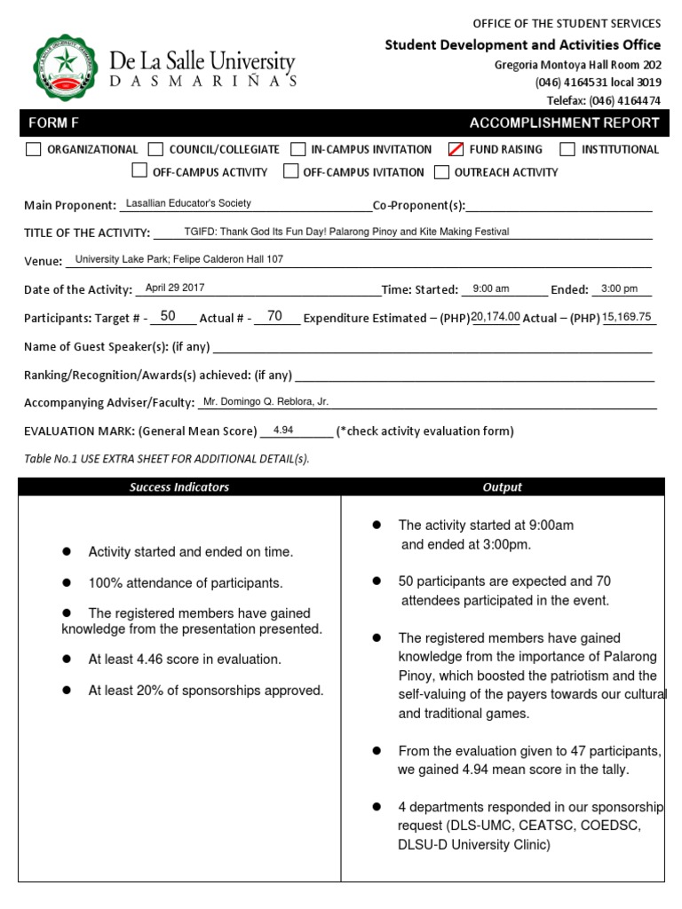 Form F Accomplishment Report: Student Development and Activities Office ...