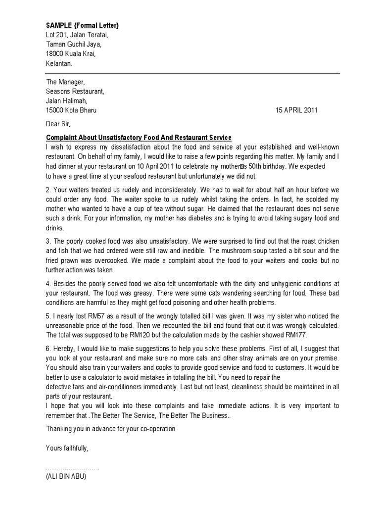 Complaint Letter Restaurant | PDF | Restaurants | Foods