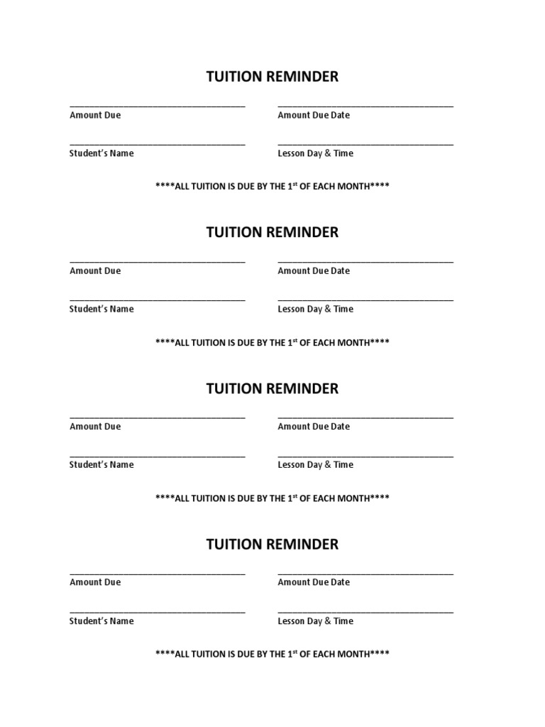 Tuition Reminder: All Tuition Is Due by The 1 of Each Month | PDF