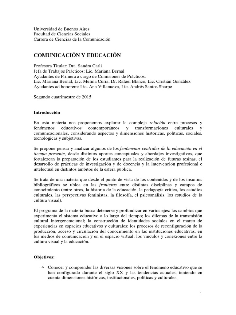 Programa COMUNICACION Y EDUCACION 2015 Segundo Cuatrimestre1 | PDF ...