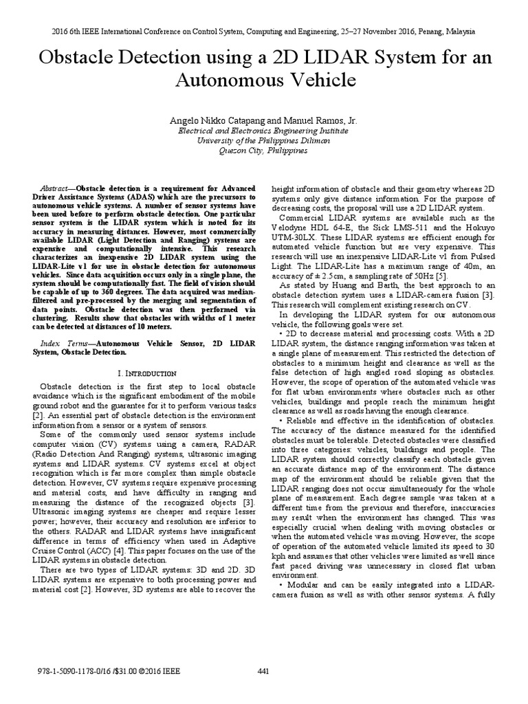 Obstacle Detection Using A 2D LIDAR System For An Autonomous Vehicle ...