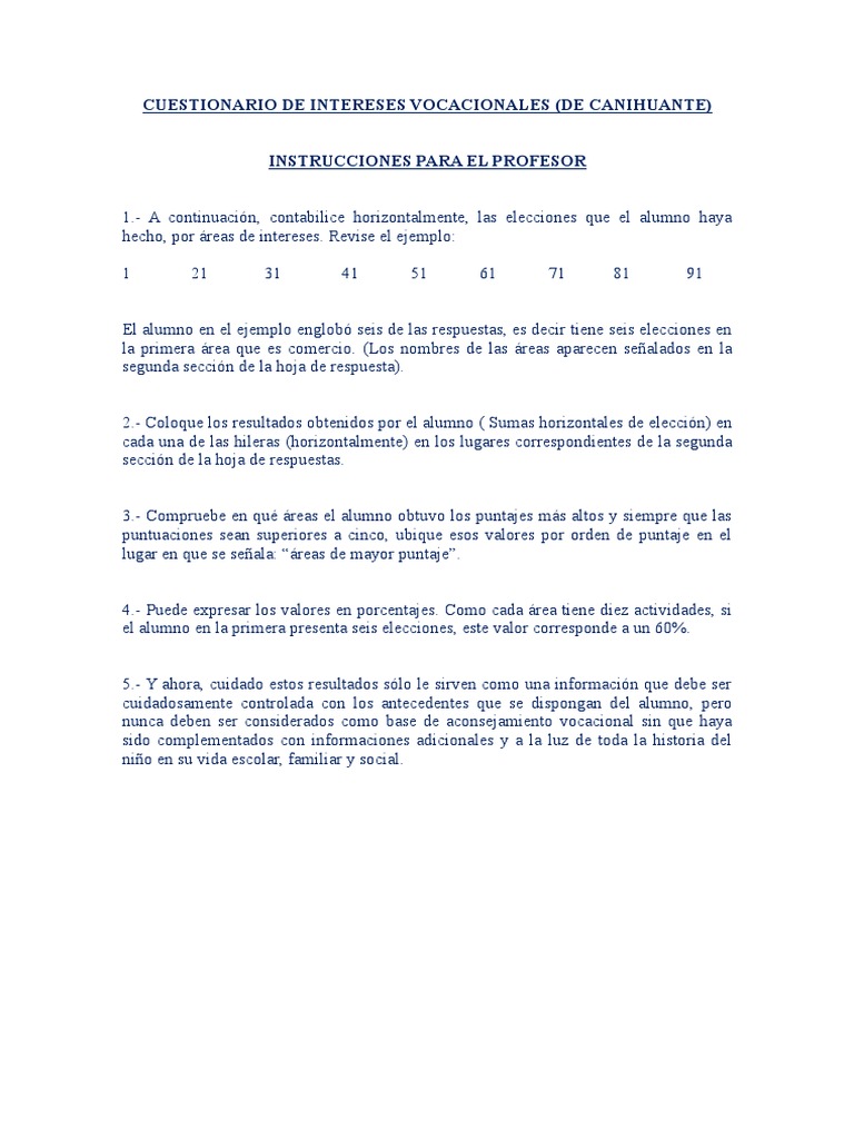 Cuestionario de Intereses Vocacionales DEBE | PDF