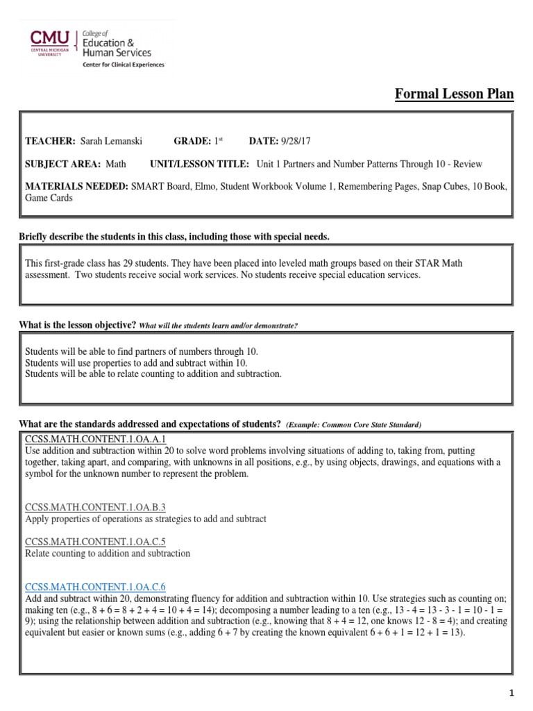 Formal Lesson Plan: What Will The Students Learn And/or Demonstrate ...