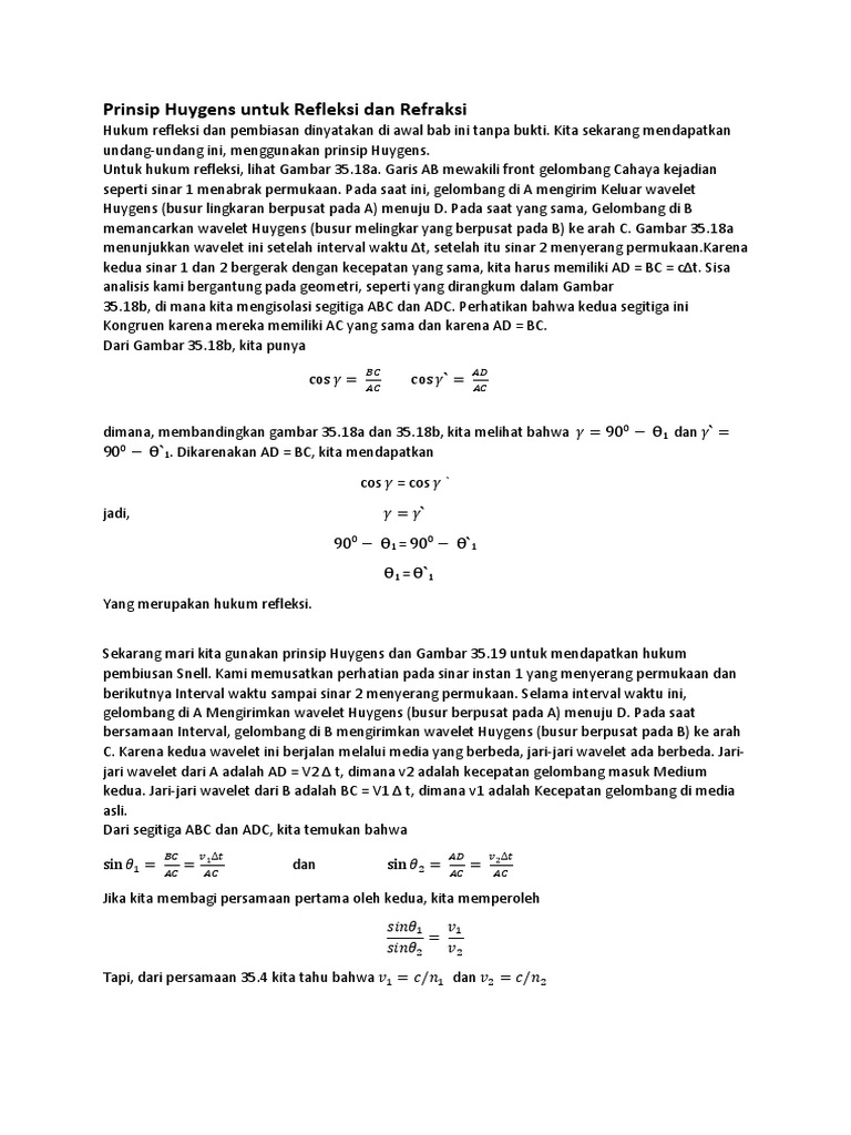 Prinsip Huygens Untuk Refleksi Dan Refraksi | PDF