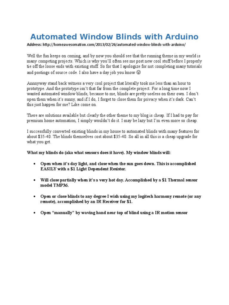 DIY Smart Blinds for Arduino Users | PDF | Arduino | Remote Control