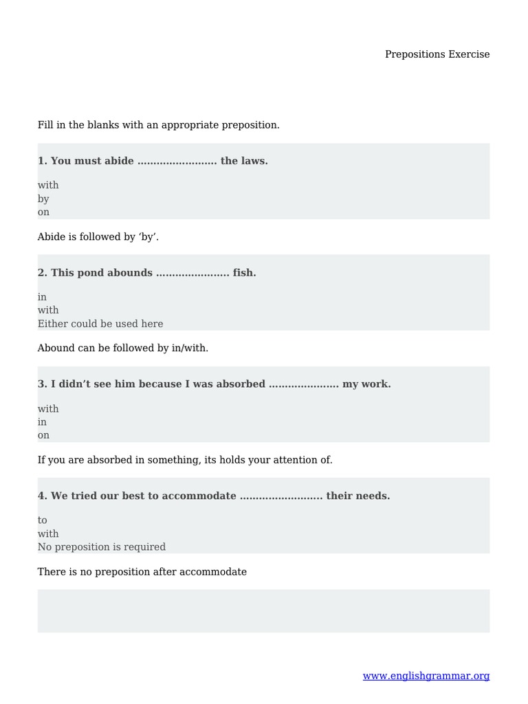 Prepositions Practice and Answers | PDF | Common Law | Virtue