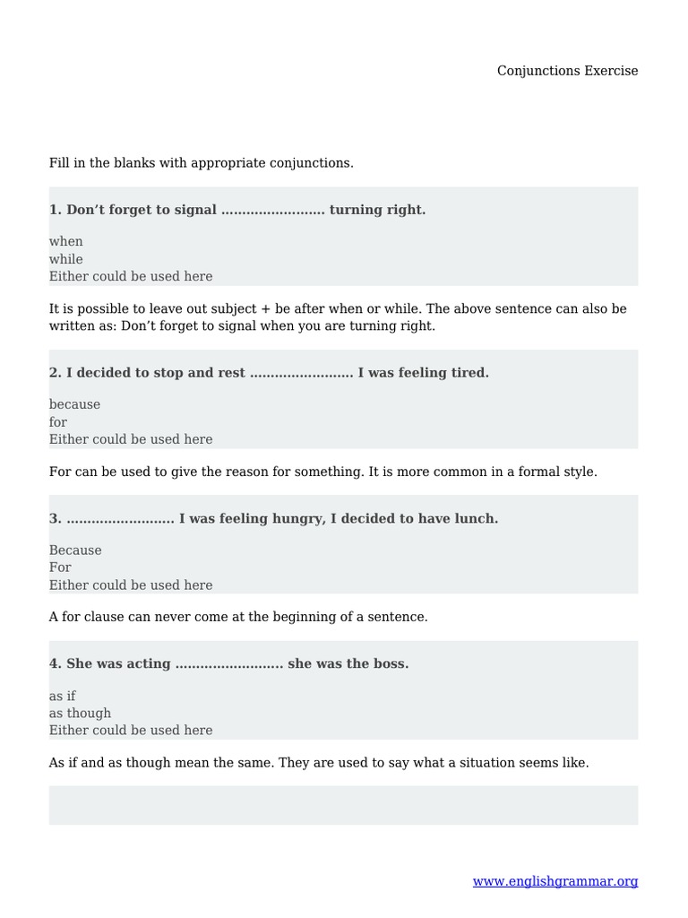 Conjunctions Exercise | PDF | Sentence (Linguistics) | Grammar