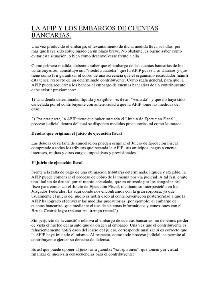 La Afip y Los Embargos de Cuentas Bancarias | PDF | Bancos | Deuda