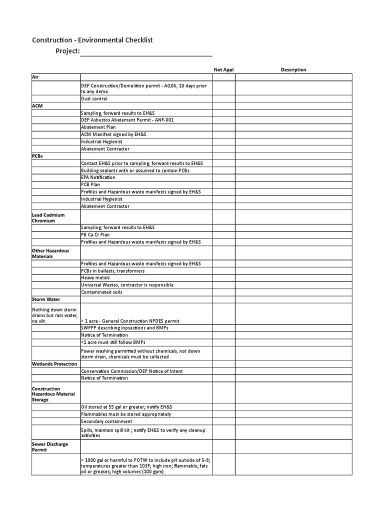 Construction - Environmental Checklist Project:: Not Appl Description ...