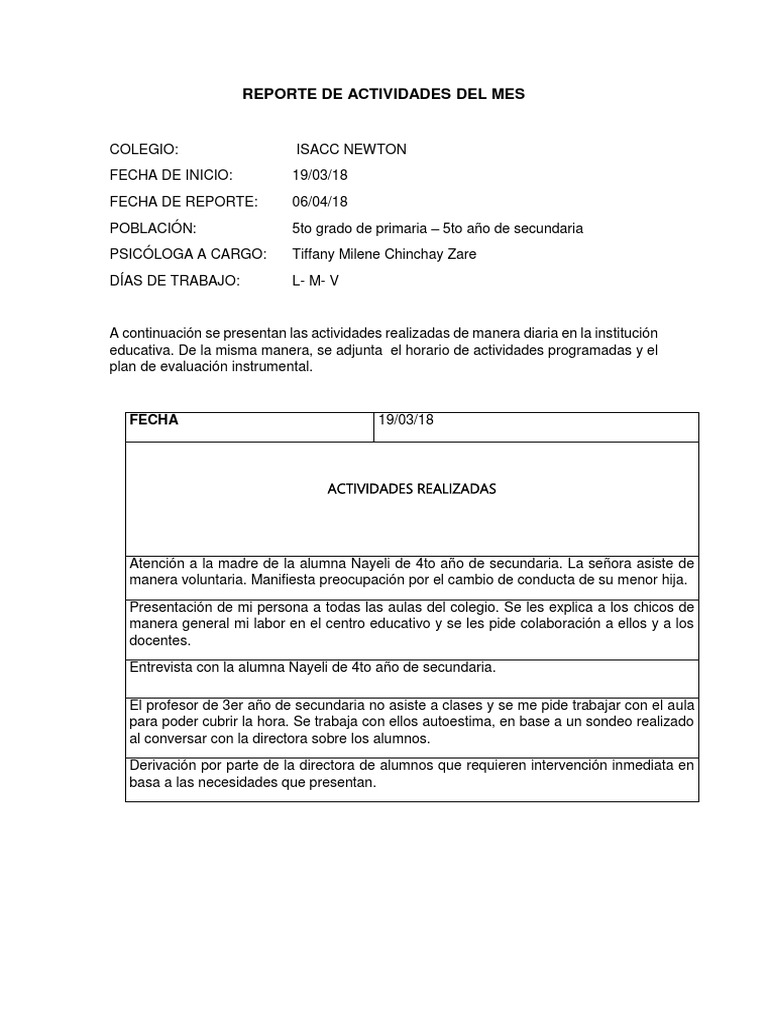 Reporte de Actividades Del Mes | PDF | Educación Secundaria | Maestros