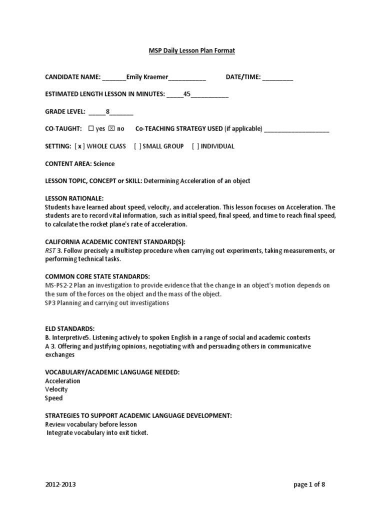 speed and velocity | Lesson Plan | Educational Assessment