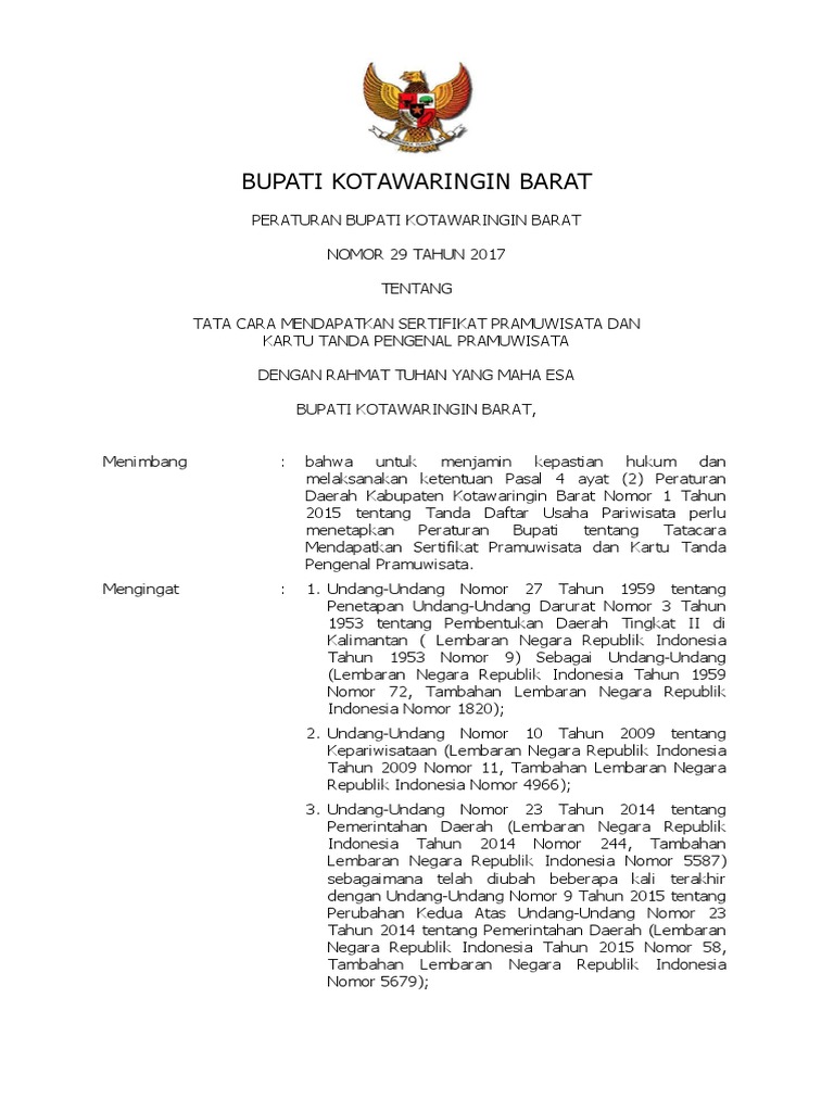 Perbup No 29 Tahun 2017 Tentang Tata Cara Mendapatkan Sertifikat Pramuwisata Dan KTPP | PDF