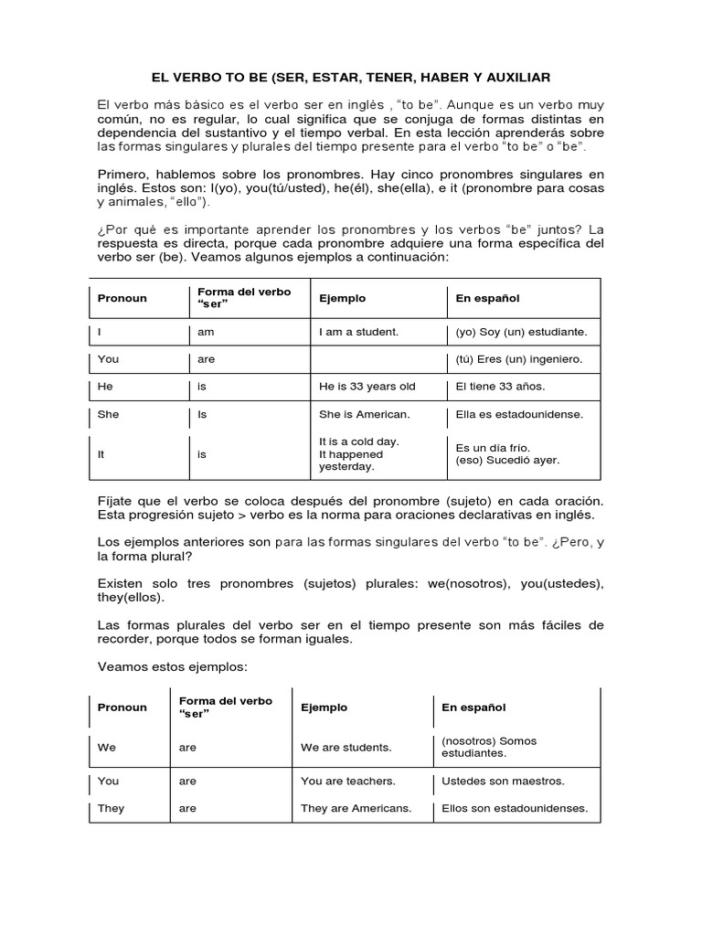 El Verbo To Be Pdf Verbo Asunto Gramática