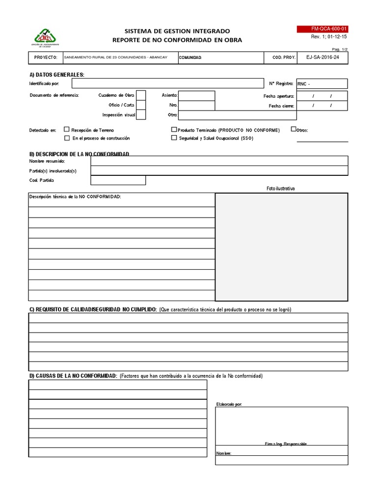 Formato FM QCA 600 01 Reporte de No Conformidad en Obra (1) | Calidad ...