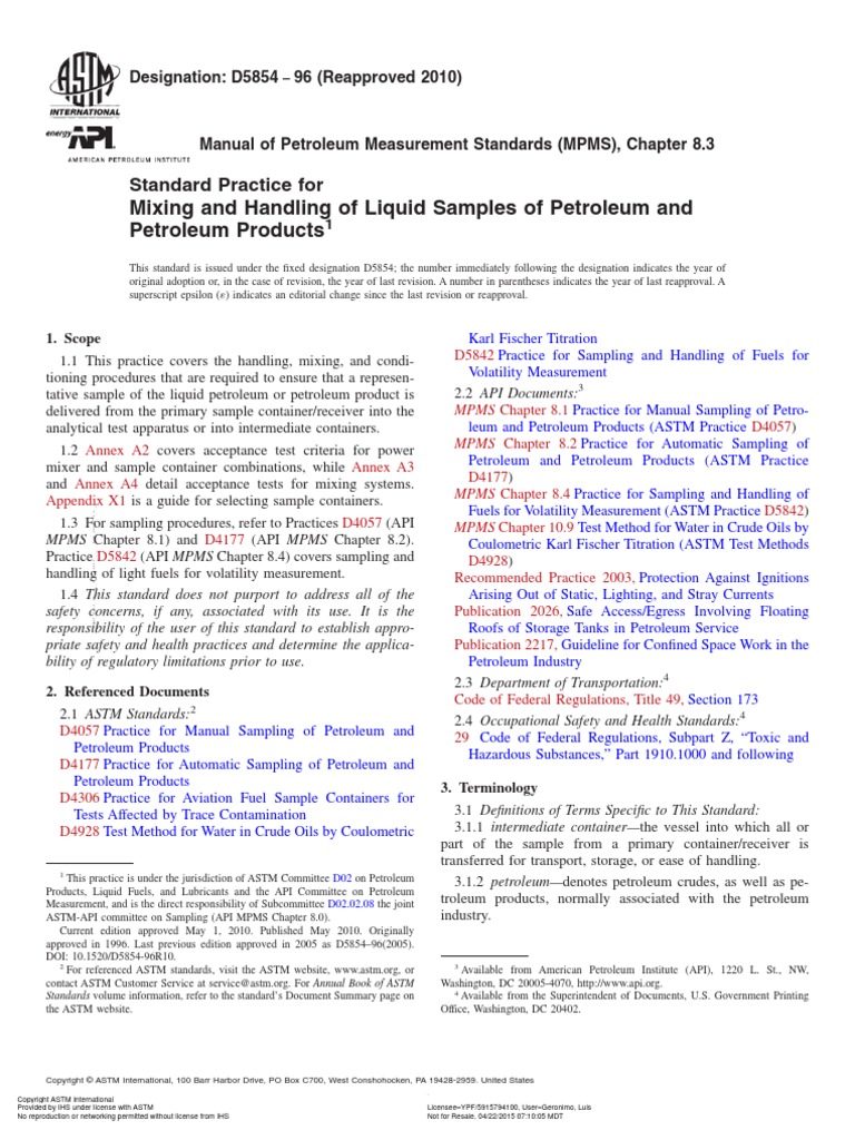 ASTM D 5854-2010 (Manejo Muestras) | PDF | Petroleum | Physical Sciences
