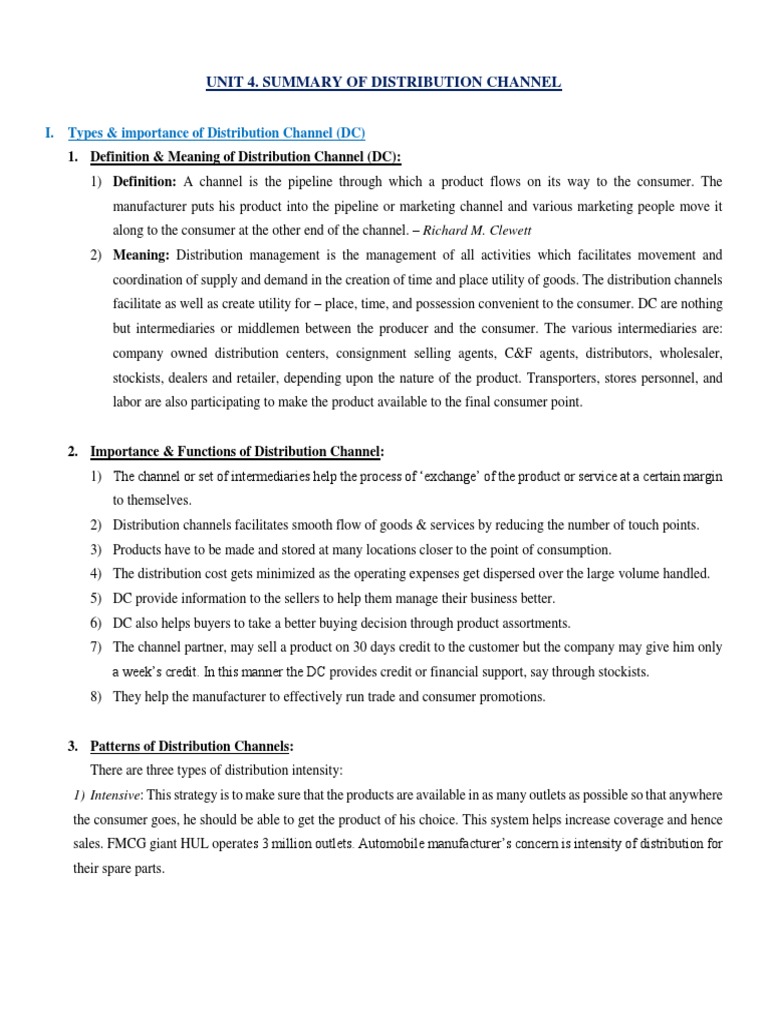 Unit 4. Summary of Distribution Channel | PDF | Distribution (Business ...