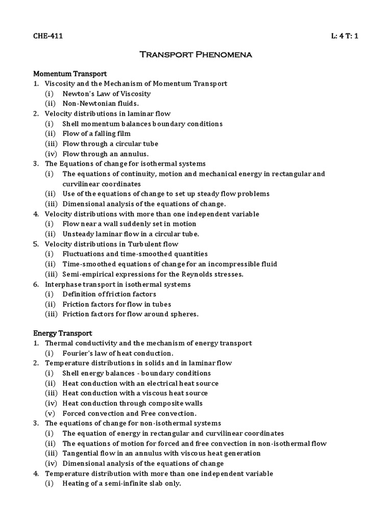 Transport Phenomena Syllabus Sheet | PDF | Diffusion | Fluid Dynamics