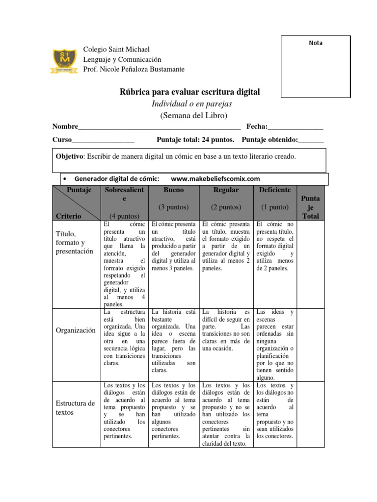 Rúbrica para Evaluar Escritura Digital | PDF | Cómics | Cognición