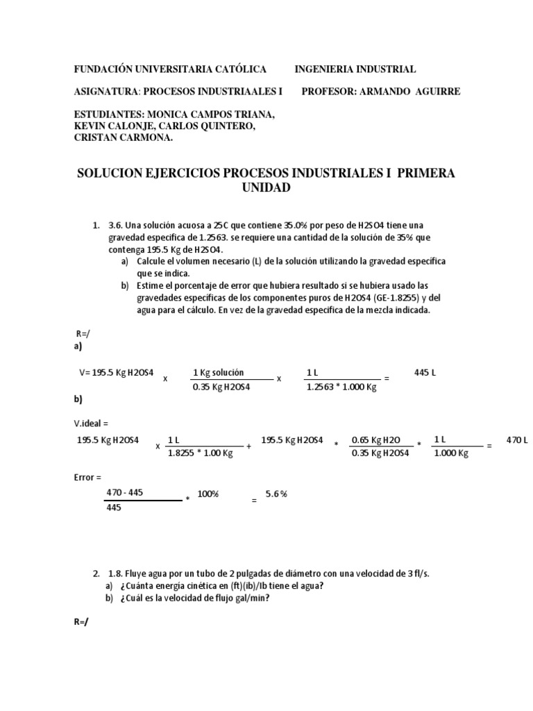 Taller 1 de Procesos Industriales | PDF | Física Aplicada e ...