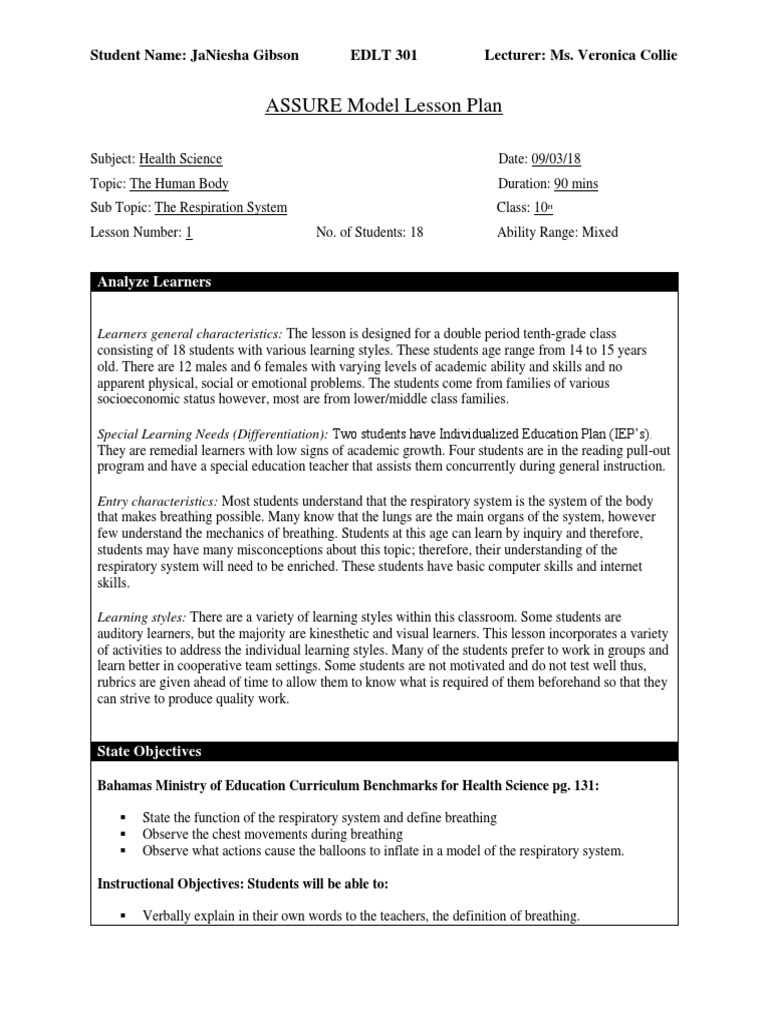 Edlt 301 Assure Model Lesson Plan | PDF | Breathing | Learning Styles