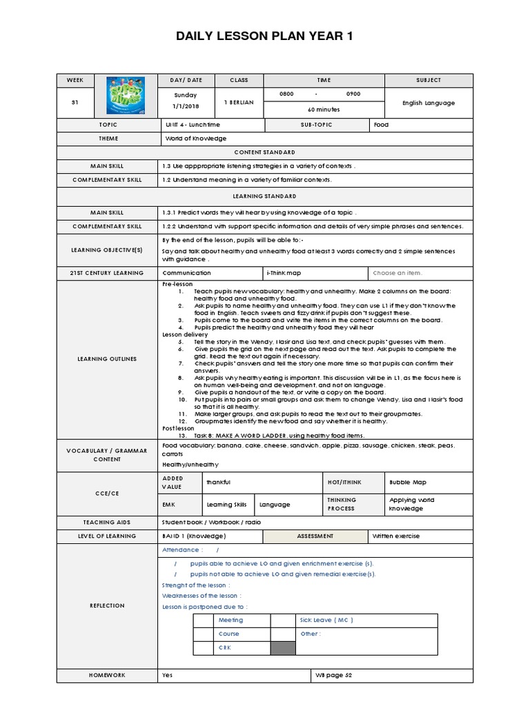 Year 1 Daily Lesson Plan: English Food Unit | PDF | Lesson Plan ...