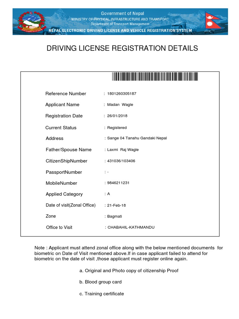 Driving License Registration Details - Reference Number 1801260305187 | PDF