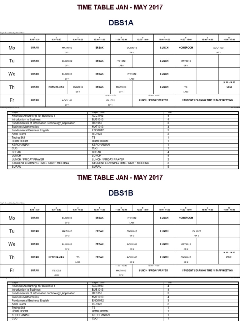 Timetable Jan-May 2017 | PDF | Science And Technology | Accounting