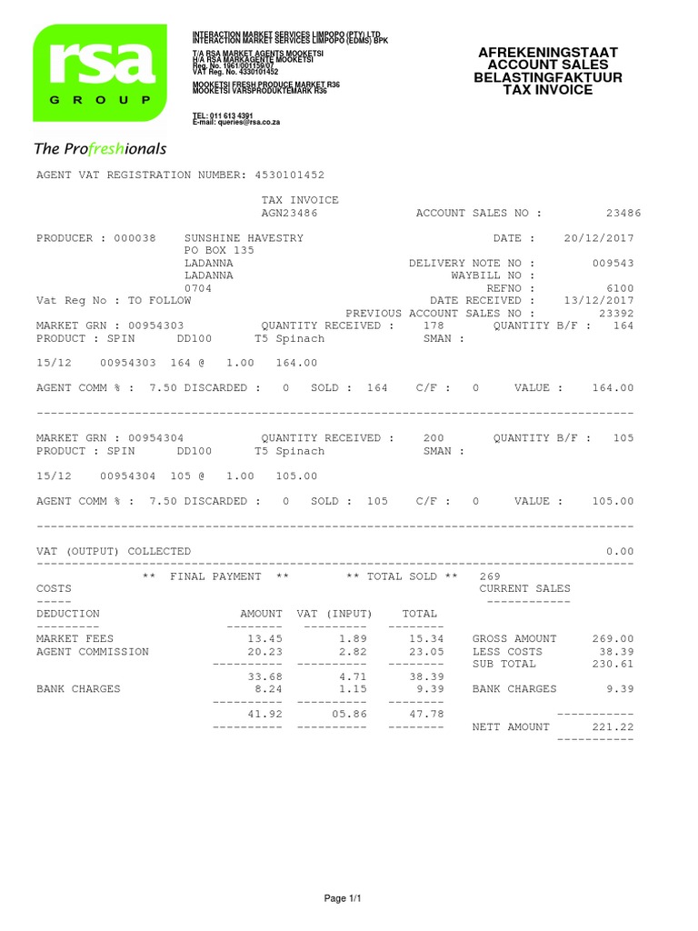 Tax Invoice and Account Sales Document from RSA Market Agents Mooketsi ...
