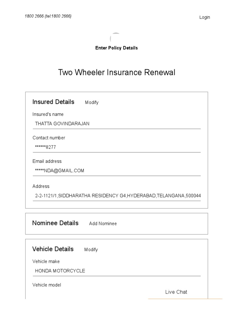 Two Wheeler Insurance Renewal: Insured Details | PDF | Insurance ...