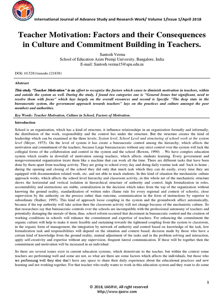 Teacher Motivation Factors and Their Consequences in Culture and ...
