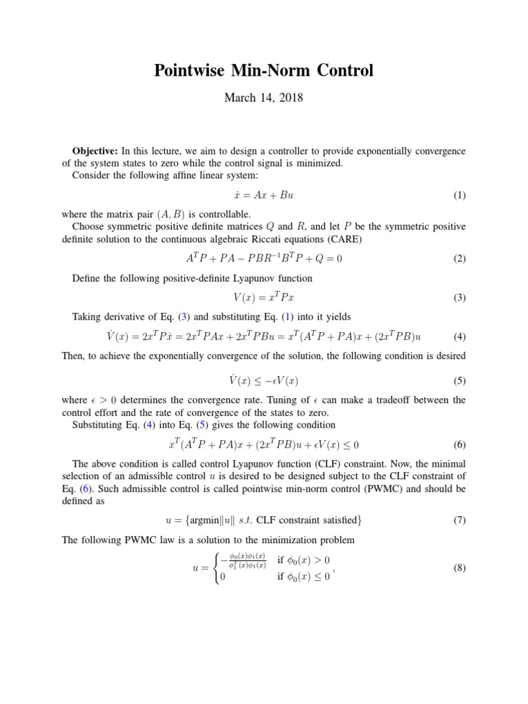 Pointwise Min-Norm Control: March 14, 2018 | PDF | Matrix (Mathematics ...