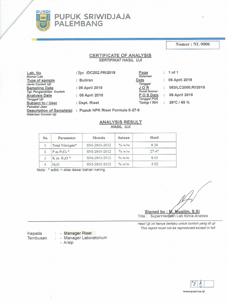 Contoh Sertifikat Hasil Uji COA | PDF